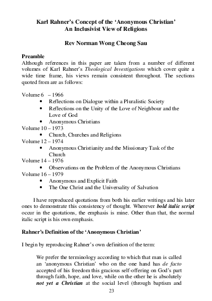 (PDF) Karl Rahner's Concept of the 'Anonymous Christian' An Inclusivist ...