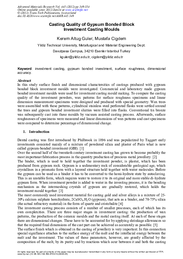(PDF) Casting Quality of Gypsum Bonded Block Investment Casting Moulds