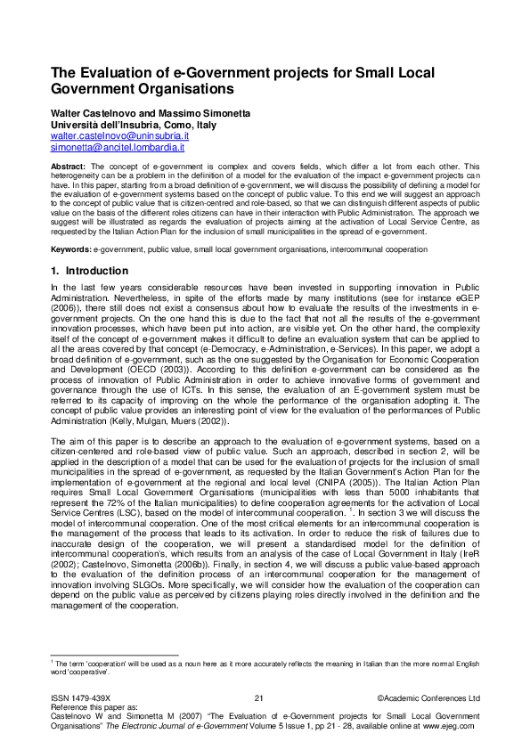 (PDF) The Evaluation of e-Government projects for Small Local ...