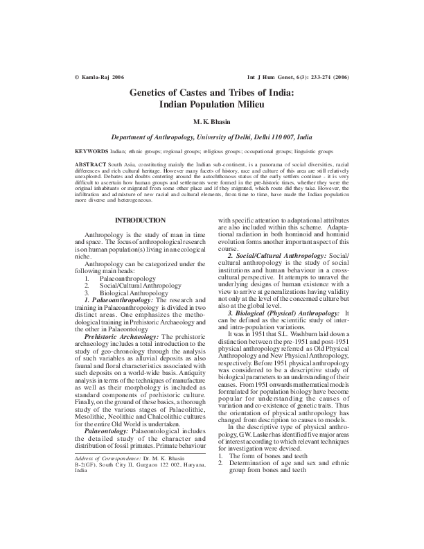 (PDF) Genetics of Castes and Tribes of India: Indian Population Milieu