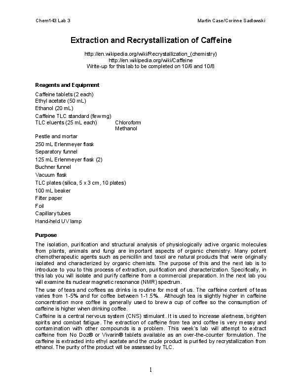 (PDF) Chem143 Lab 3 Extraction and Recrystallization of Caffeine