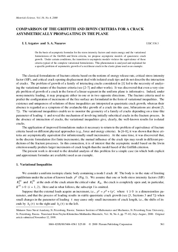 (PDF) Comparison of the Griffith and Irwin Criteria for a Crack ...