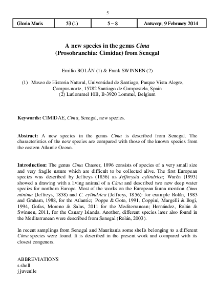 (PDF) A new species in the genus Cima (Prosobranchia: Cimidae) from Senegal