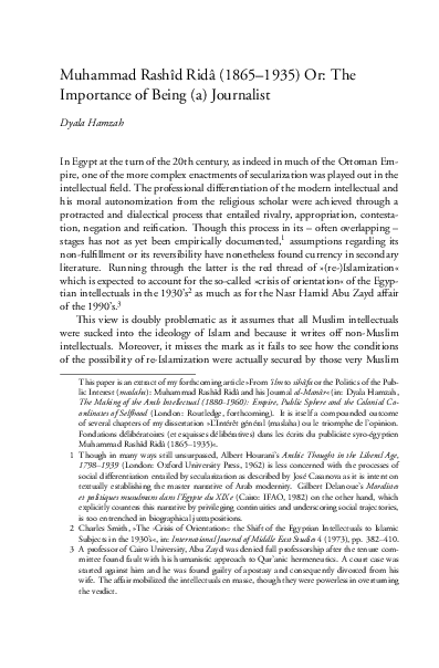 (PDF) Rashid Rida or the Importance of Being (a) Journalist