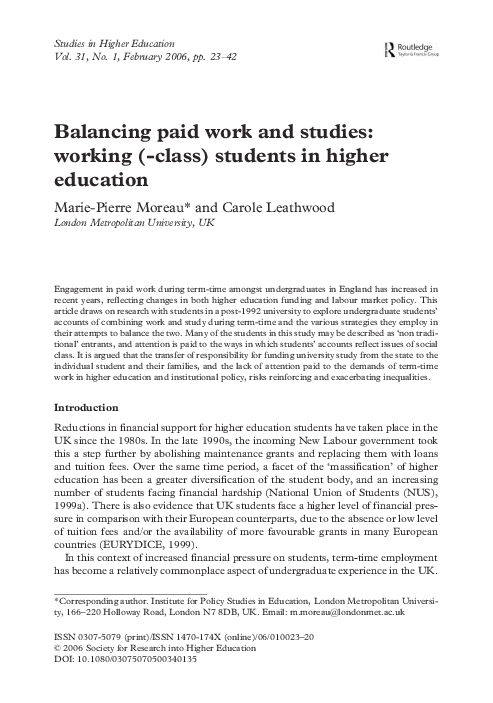 (PDF) Balancing paid work and studies: working (-class) students in higher education