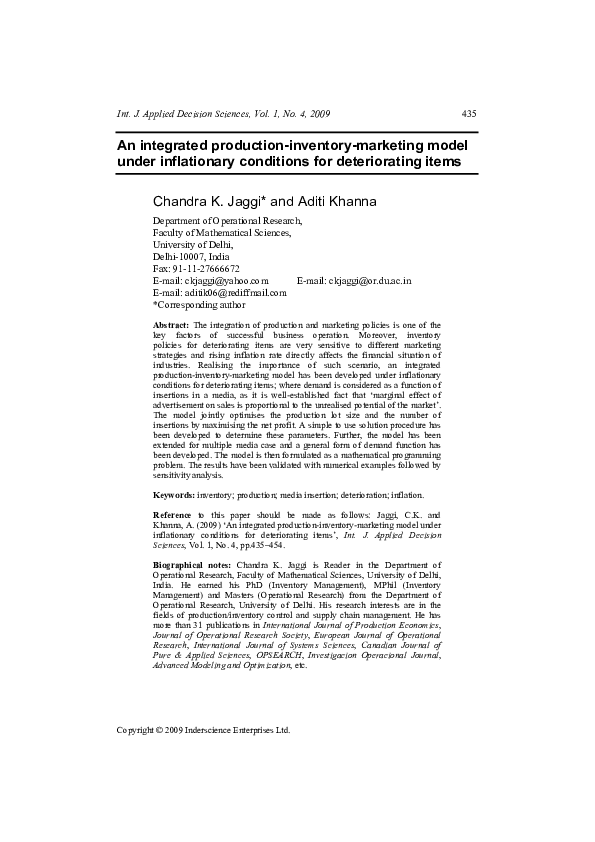 Pdf An Integrated Production Inventory Marketing Model Under Inflationary Conditions For