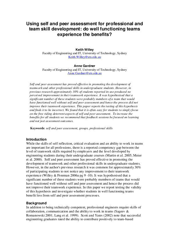 (PDF) Using self and peer assessment for professional and team skill ...