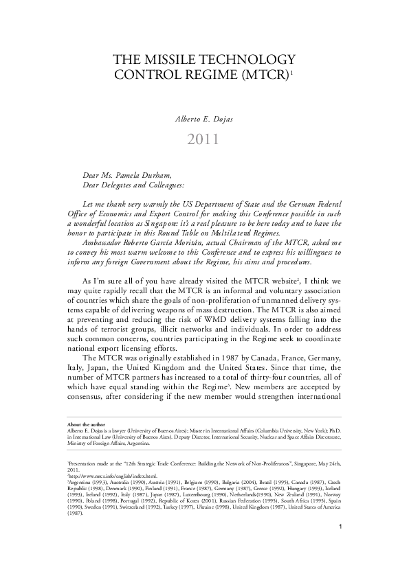 (PDF) THE MISSILE TECHNOLOGY CONTROL REGIME (MTCR)