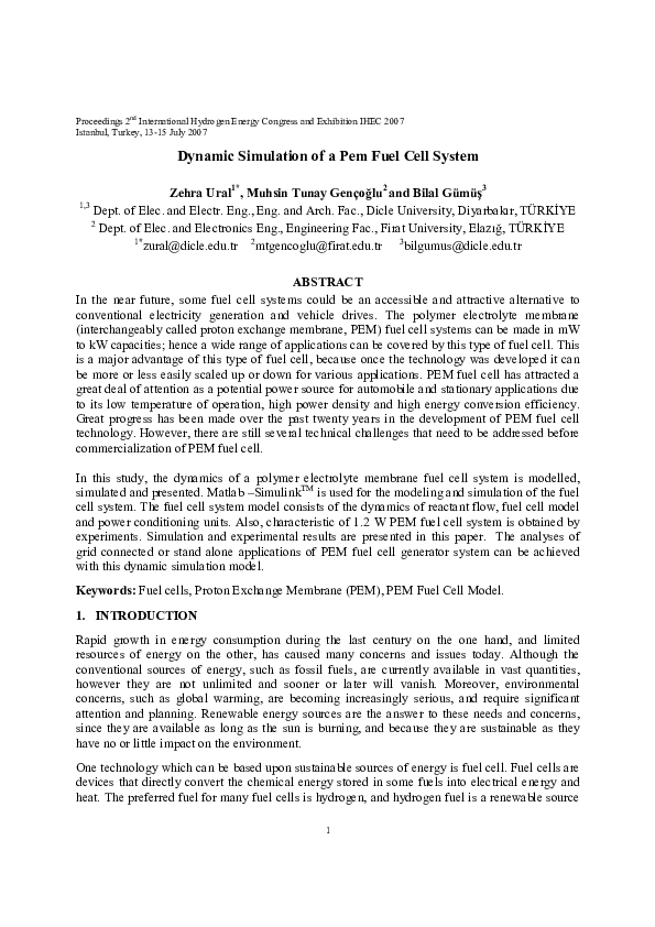(PDF) Dynamic Simulation of a Pem Fuel Cell System