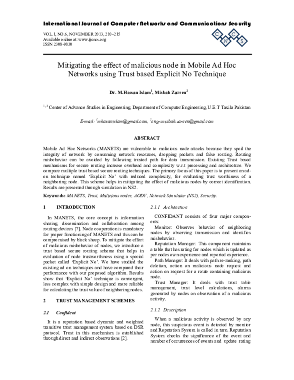 Pdf Mitigating The Effect Of Malicious Node In Mobile Ad Hoc Networks Using Trust Based