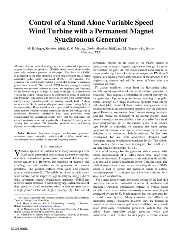 Pdf Control Of A Stand Alone Variable Speed Wind Turbine With A