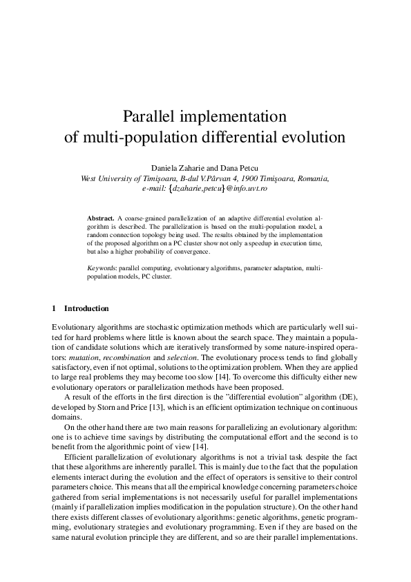 (PDF) Parallel implementation of multi-population differential evolution