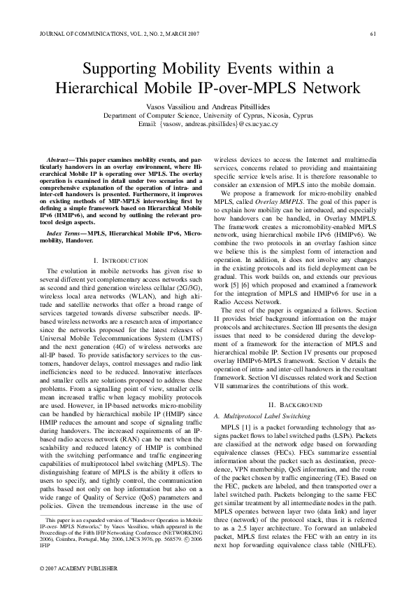 Pdf Supporting Mobility Events Within A Hierarchical Mobile Ip Over Mpls Network