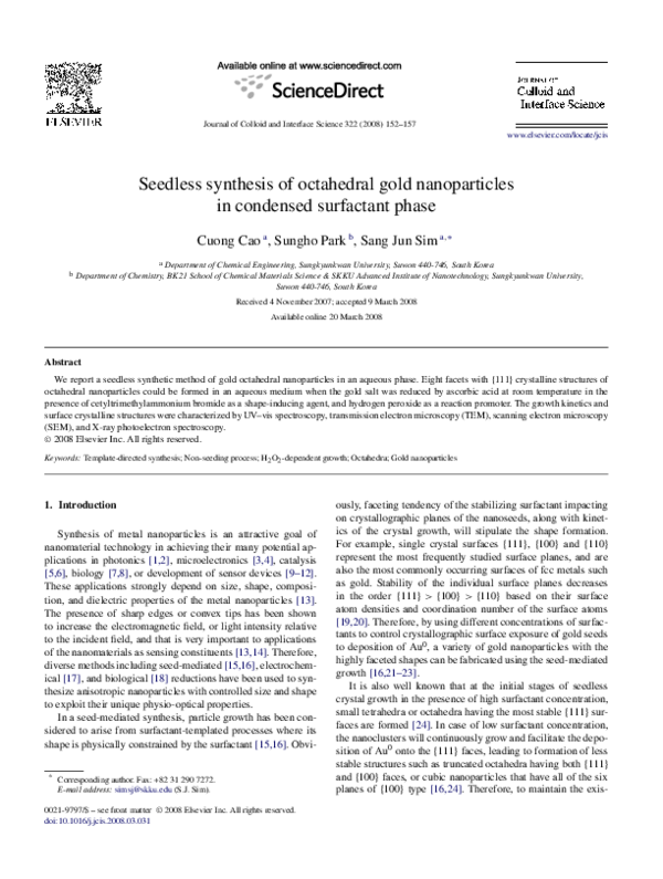 (PDF) Seedless synthesis of octahedral gold nanoparticles