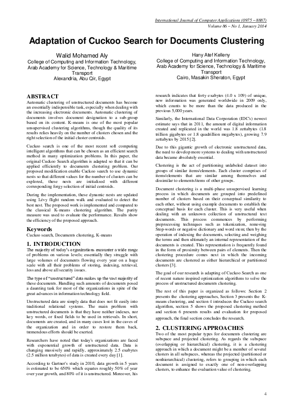 (PDF) Adaptation of Cuckoo Search for Documents Clustering