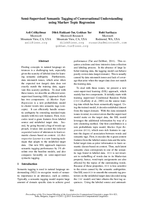 Pdf Semi Supervised Semantic Tagging For Conversational Understanding Using Markov Topic