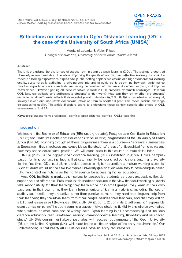 (PDF) Reflections on Assessment in Open Distance Learning