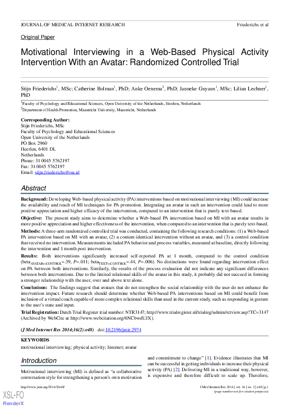 (PDF) Motivational Interviewing in a Web-Based Physical Activity Intervention With an Avatar ...