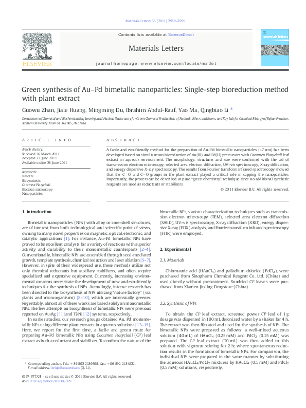 (PDF) Green synthesis of Au–Pd bimetallic nanoparticles: Single-step bioreduction method with ...
