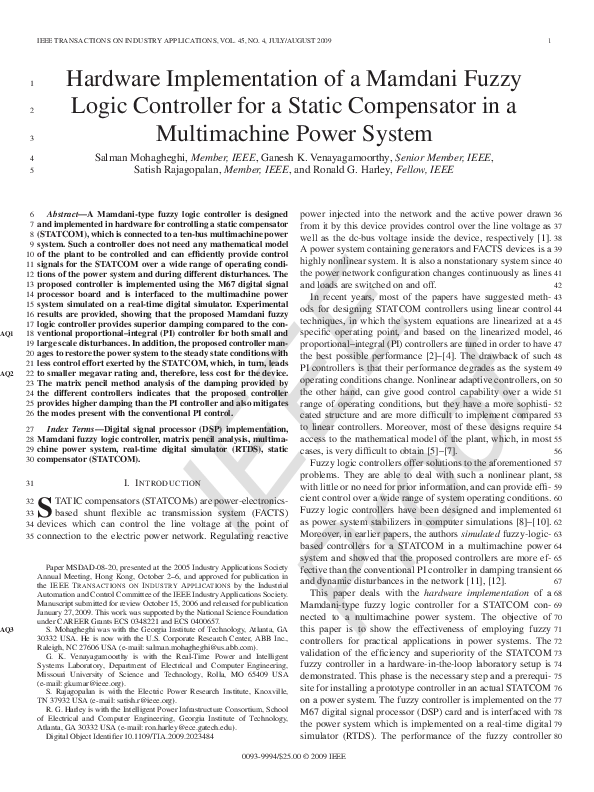 Pdf Hardware Implementation Of A Mamdani Fuzzy Logic Controller For A Static Compensator In A