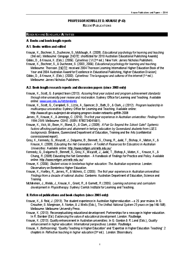 Recent Publications and Papers