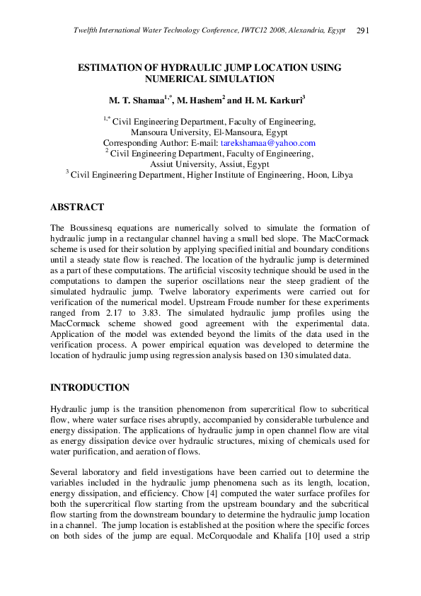 (PDF) ESTIMATION OF HYDRAULIC JUMP LOCATION USING NUMERICAL SIMULATION