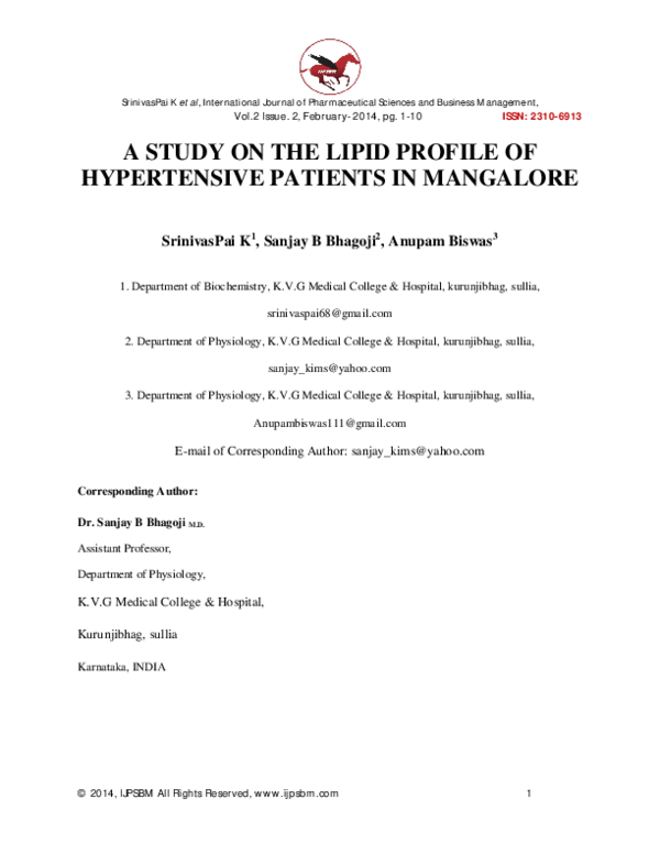 (PDF) A STUDY ON THE LIPID PROFILE OF HYPERTENSIVE PATIENTS IN MANGALORE