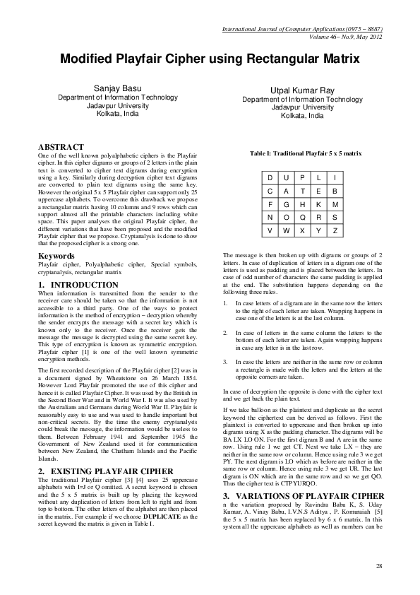 Pdf Modified Playfair Cipher Using Rectangular Matrix