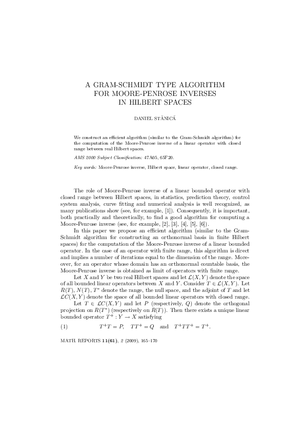 Pdf A Gram Schmidt Type Algorithm For Moore Penrose Inverses In Hilbert Spaces