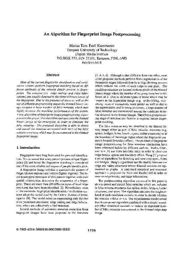 Pdf An Algorithm For Fingerprint Image Postprocessing