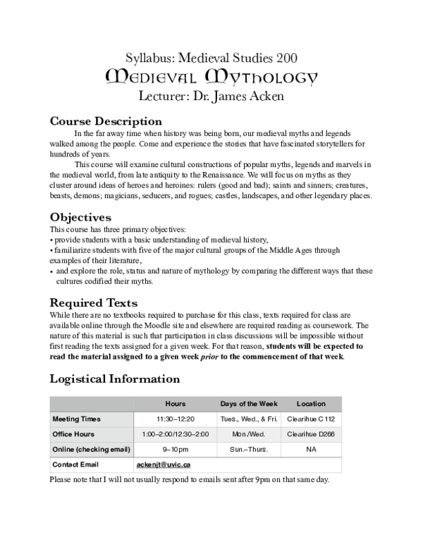 (PDF) Syllabus for Medieval Mythology: Spring 2014