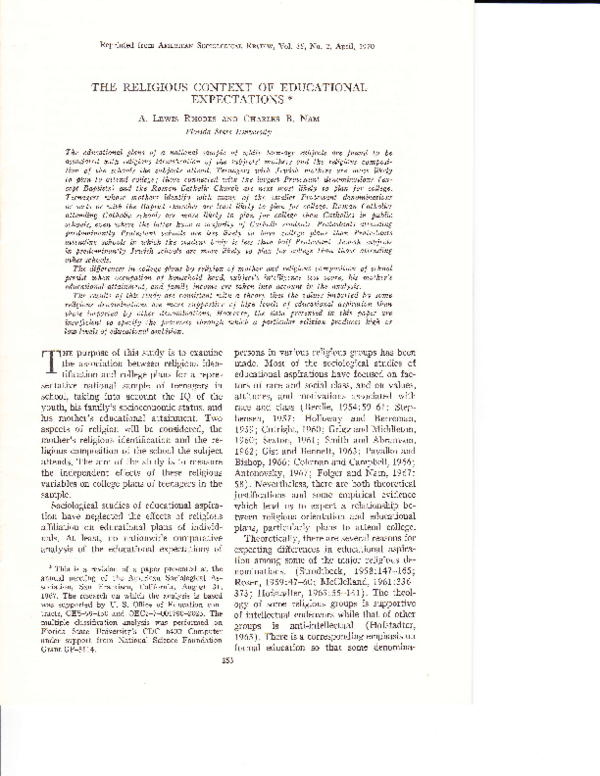 (PDF) The religious context of educational expectations