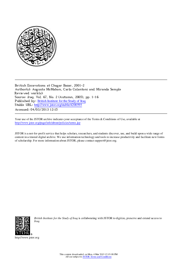 (PDF) British Excavations at Chagar Bazar, 2001-2