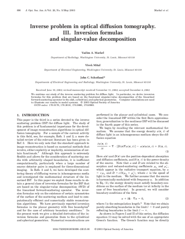 (PDF) Inverse problem in optical diffusion tomography. III. Inversion formulas and singular ...