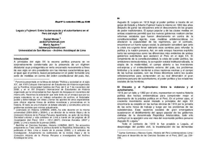 (PDF) Leguía y Fujimori: Entre la democracia y el autoritarismo en el Perú del siglo XX 1