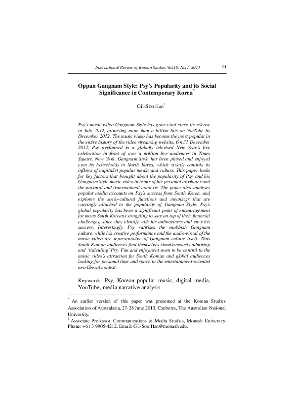 (PDF) Oppan Gangnam Style: Psy’s popularity and its social significance ...