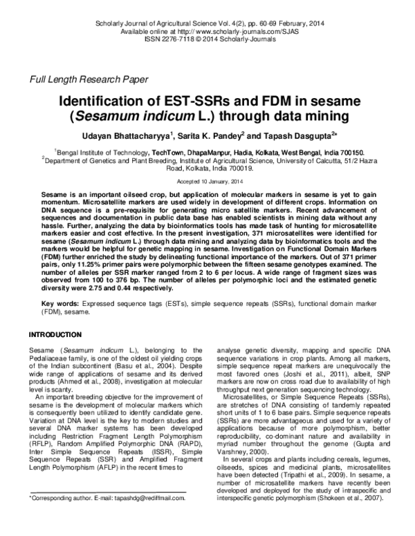 (PDF) Identification of EST-SSRs and FDM in sesame ( sesamum indicum L) through data mining