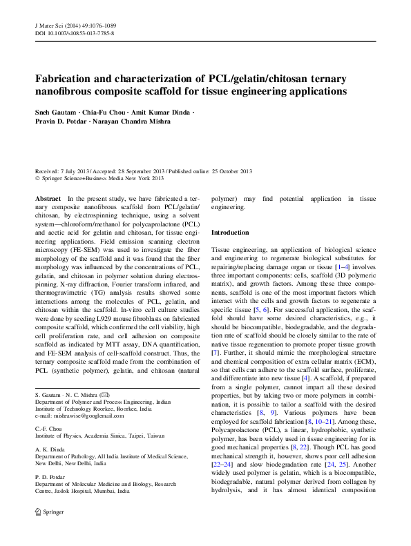 (PDF) Fabrication and characterization of PCL/gelatin/chitosan ternary nanofibrous composite ...