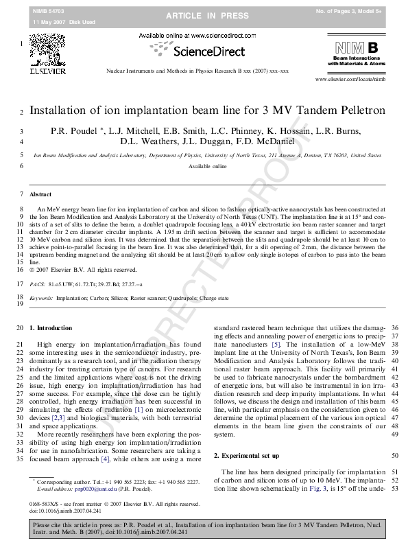 (PDF) Installation of ion implantation beam line for 3 MV Tandem Pelletron