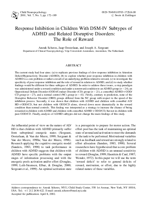 (PDF) Response Inhibition in Children with DSM-IV Subtypes of AD/HD and Related Disruptive ...