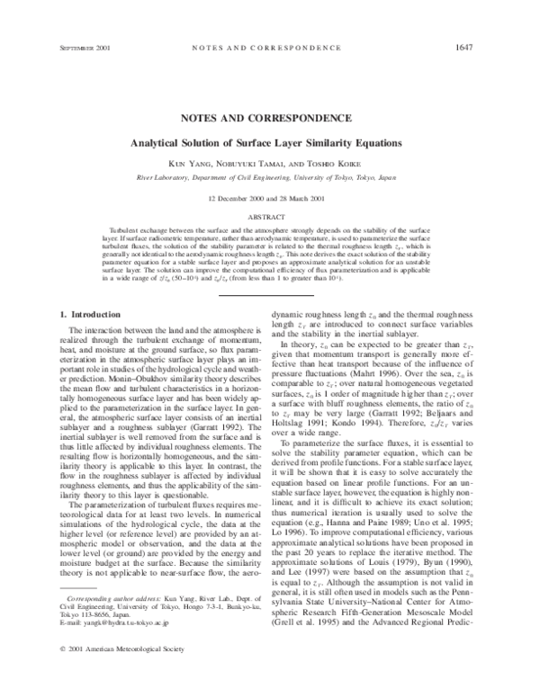 Pdf Analytical Solution Of Surface Layer Similarity Equations