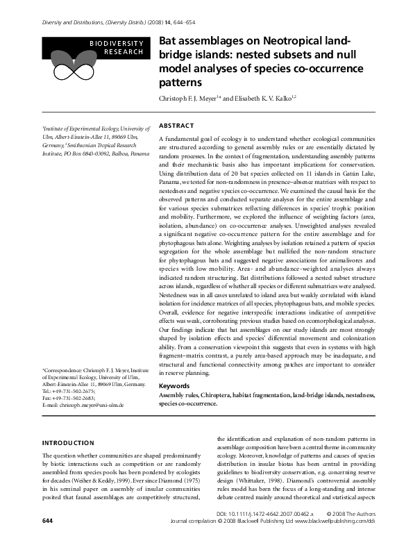 Pdf Bat Assemblages On Neotropical Landbridge Islands Nested Subsets And Null Model Analyses