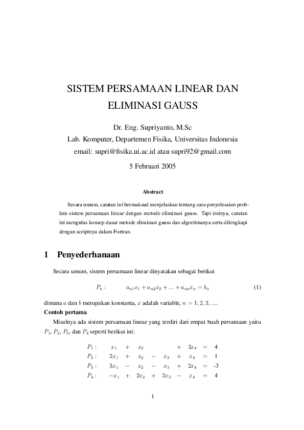 (PDF) SISTEM PERSAMAAN LINEAR DAN ELIMINASI GAUSS