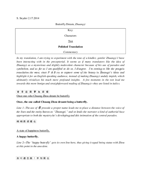 (PDF) Translation, Zhuangzi 'Butterfly Dream'