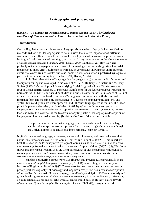 (PDF) Lexicography and Phraseology