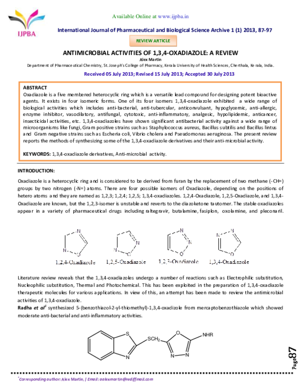 (PDF) ANTIMICROBIAL ACTIVITIES OF 1,3,4-OXADIAZOLES: A REVIEW