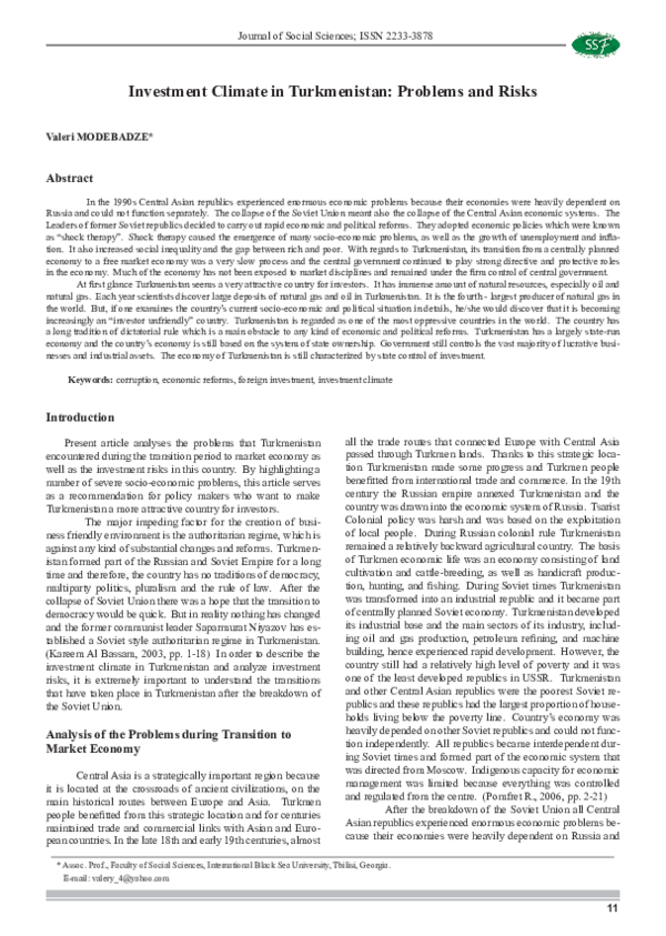 (PDF) Investment Climate in Turkmenistan: Problems and Risks