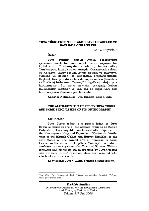 TUVA TÜRKLERININ KULLANDIKLARI ALFABELER VE BAZI IMLA ÖZELLIKLERI - THE ...