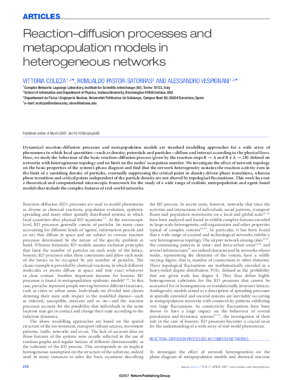 (PDF) Reaction-diffusion processes and metapopulation models in heterogeneous networks