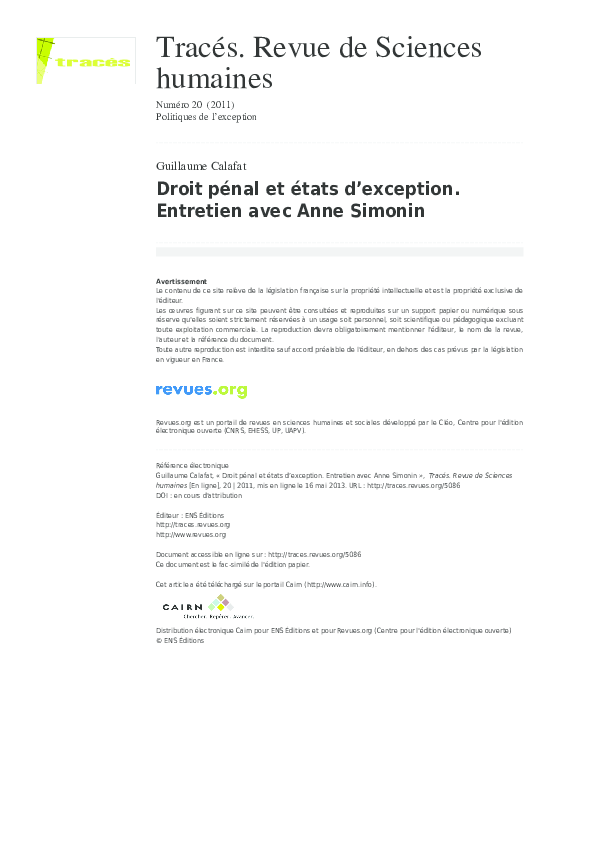 (PDF) Droit pénal et états d’exception. Entretien avec Anne Simonin